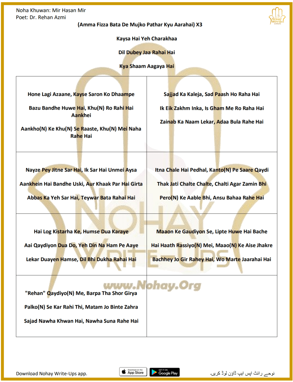 Amma Fizza Bata De Mujko Pathar | Noha - Nohay Write-Ups/Lyrics Lyrics